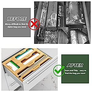 Ziplock Bag Storage Organizer 5 in 1 Foil and Plastic Wrap Organizer for Kitchen Drawer organize Quart Snack Sandwich Bags-Bamboo-12"