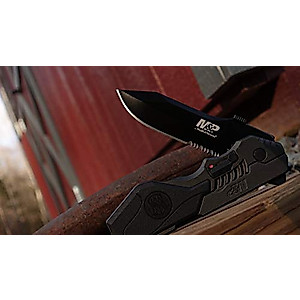 Smith & Wesson SWMP4LS 8.6in S.S. Assisted Folding Knife with 3.6in Serrated Clip Point Blade and Aluminum Handle for Outdoor Tactical Survival and EDC , Black
