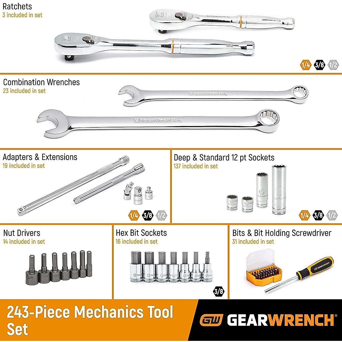 GEARWRENCH 243 Pc. 12 Pt. Mechanics Tool Set in 3 Drawer Storage Box - 80972