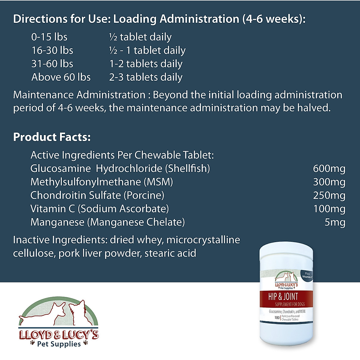 Lloyd & Lucy's Hip and Joint Supplement for Dogs - Chewable Multivitamin with Glucosamine, Chondroitin, MSM and Vitamin C - Healthy Liver Flavored Treat Pets Will Love - 180 Ct Tablets