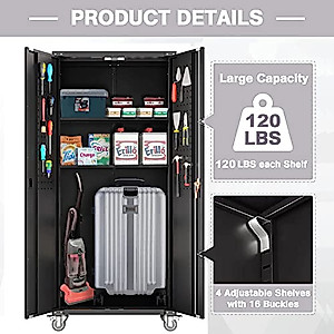 GangMei Rolling Metal Storage Cabinet with Pegboard, 72''H Tall Garage Cabinet with Wheels & 4 Adjustable Shelves, Garage, Home, Assemble Required, Black