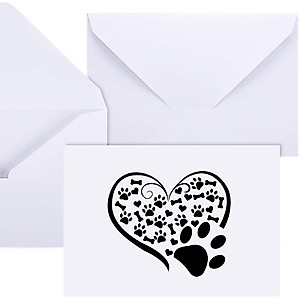 48 Pcs Paw Printed Note Cards Set, 24 Paw Printed Note Cards Heart Paw Thank You Card Paw Print Blank Greeting Card with 24 White Envelopes Animal Lovers Pet Shop Pet Birthday Party (Black and White)