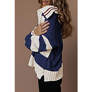 Meenew Women's Baggy Loose Knit Sweater Plunge V Neck Long Sleeve Fashion Loose Crop Tops Dark Blue S