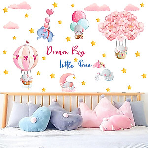 KOKOLAP Dream Big Little One Wall Stickers,Pink Elephant Wall Decals Nursery Decor,Flowers Hot Air Balloon Wall Sticker Baby Girl Room Decor,Cloud Stars Wall Decal for Kids Room Bedroom Playroom Decor