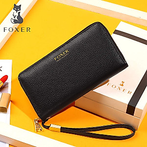 FOXER Leather Zip Around Wallets for Women, Genuine Leather RFID Blocking Gift Box Packing 17 Card Slots Ladies Long Purses with Zipper Coin Pocket Women's Clutch Wallets with Wristband (Black)