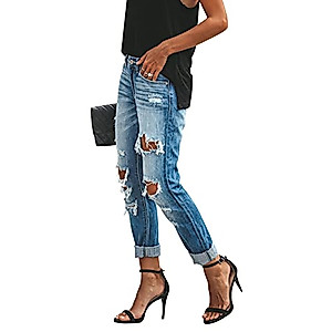 KUNMI Women's Ripped Mid Waisted Boyfriend Jeans Loose Fit Distressed Stretchy Denim Pants