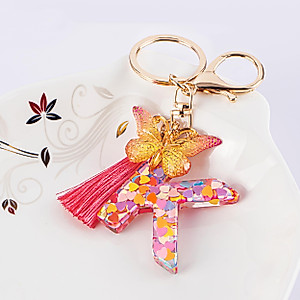 Suweibuke Colourful Cute Initial Letter Keychains for Women Girls with Tassel Butterfly, Charm for Purse Backpacks Handbags Schoolbags (Colorful Pink-K)