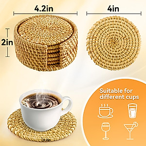 6pcs Handmade Rattan Coasters with Holder, Natural Wicker Boho Coasters Set, Heat-resistant Drink Coasters for Coffee Table Housewarming Gifts Hot Drinking Home Decor Protecting Table