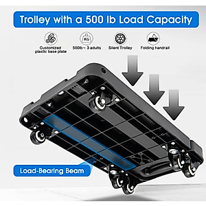 Hand Truck Dolly, Folding Hand Truck - Dolly Cart for Moving 500 LB Heavy Duty Luggage Cart with 6 Wheels & 2 Bungee Cords for Luggage, Travel, Moving, Shopping, Office (Black)