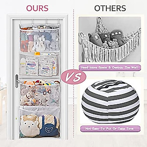 DBEES Stuffed Animal Storage, Large Capacity Over Door Stuffed Animal Organizer, 4 Expandable Mesh Net Pockets Breathable Hanging Plush toy storage, for Boys, Girls, Organizing Nursery, Bedroom