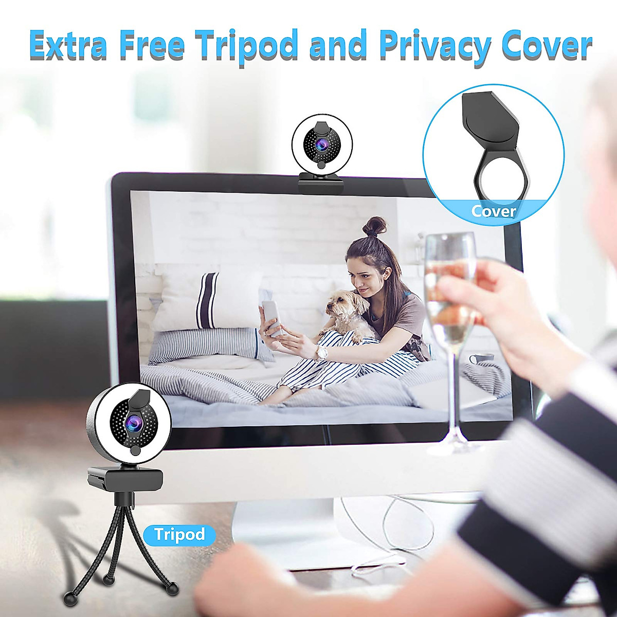 Streaming Webcam with Microphone & Ring Light 2K HD Web Cam with Cover,Stand for PC/MAC/Laptop/Desktop, Wide Angle Web Cameras for YouTube,Skype,Zoom,Xbox One,Video Calling,Studying and PS4