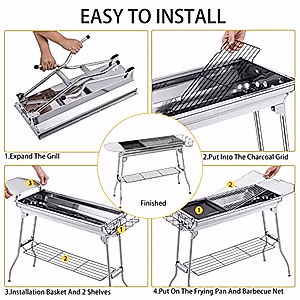 Outdoor Camping Grill Set Stainless Steel Portable Foldable Charcoal Grill, Large Size and Lightweight Design, Ldeal for Camping, Beach Parties, Picnics, Backyard BBQs and More
