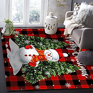 LBDecor 2x3ft Large Area Rugs for Living Room, Christmas Snowman Trees Area Runner Rugs Non Slip Bedroom Carpets Hallways Rug, Outdoor Indoor Nursery Rugs Décor, Red Plaid