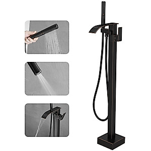 RUMOSE Tub Filler Freestanding Bathtub Faucet Oil Rubbed Bronze Floor Mount Tub Faucet Waterfall Bathtub Filler with CUPC Certified High Flow Brass Bath Shower Faucets with Handheld Sprayer