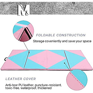 PanAme Folding Gymnastics Exercise Mats, 10’x4’x2” Thick Gymnastics Tumbling Mats, Lightweight Gymnastics Panel Mat with Carrying Handle for MMA, Yoga, Home Gym, Fitness (Pink)