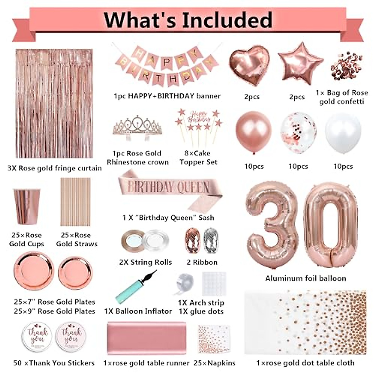 Party spot! 255 Pcs 30th Birthday Party Decorations For Women girls, Rose Gold Birthday Party Decorations Supplies, Balloon Stand Kit, Tableware Kit,Pump, Banner, Tassel Curtain, For 25 Guests