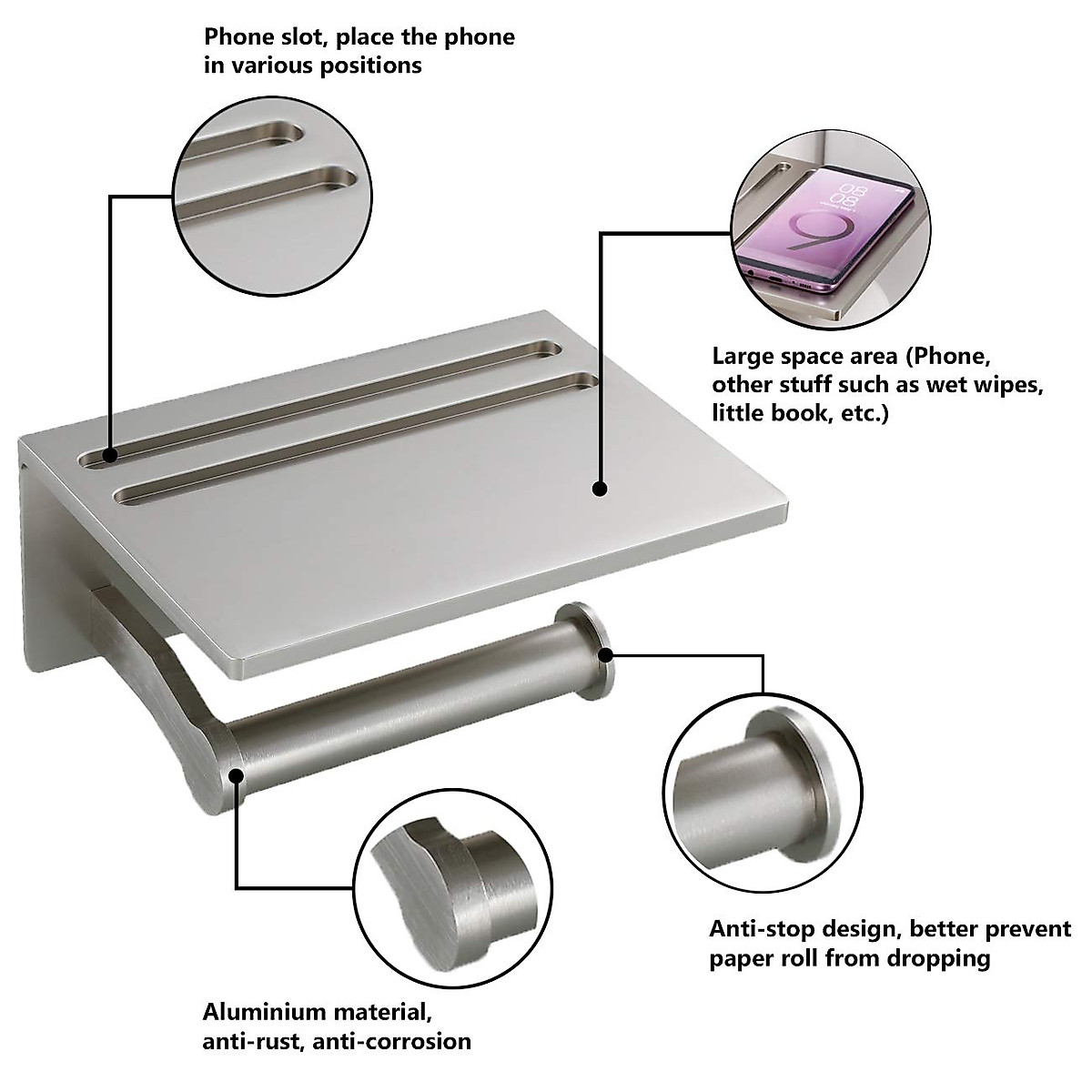 Smarthome Toilet Paper Holder with Shelf, Aluminum Tissue Roll Mobile Phone Storage Shelf for Modern Bathroom, 3M Self Adhesive No Drilling or Wall-Mounted Screws, Brushed Nickel