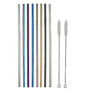 10.5 Inch Long Stainless Steel Straws with 2 Cleaning Brush Reusable Colored Metal Drinking Straws Long Straight Straws For 30oz Tumbler,Starbucks, Mason Jar (8 Long Stright)