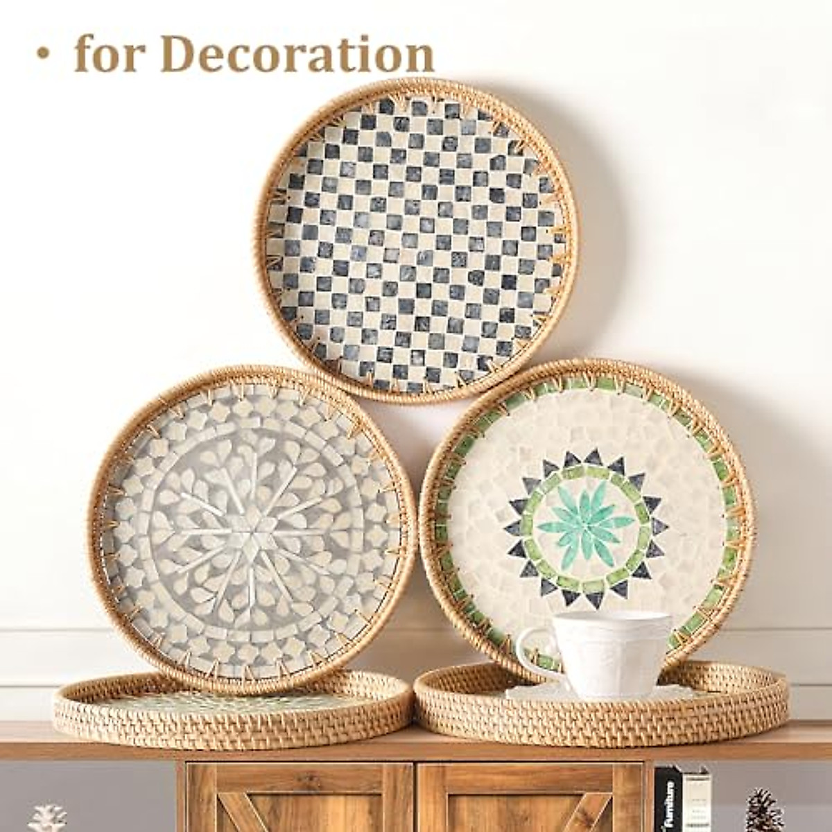 Tynulox 11.8" Rattan Tray with Mother of Pearl Inlay Wooden Base | Round Woven Wicker Tray | Coffee Table Tray for Storage Display Bread Fruit Breakfest