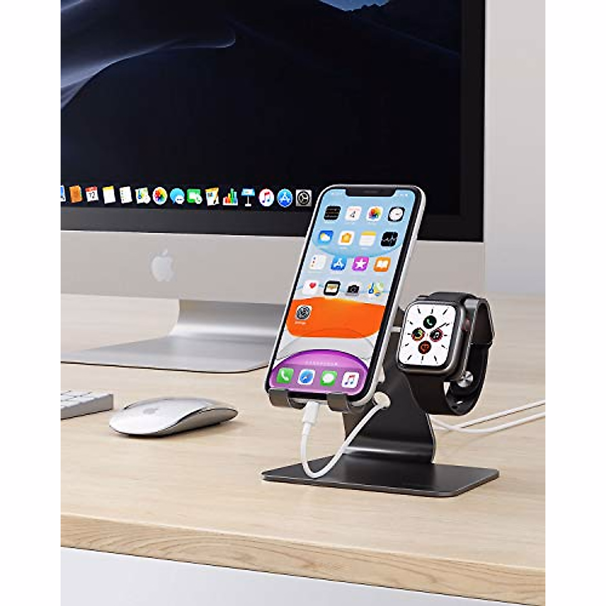 OMOTON Stand for Apple Watch - 2 in 1 Universal Desktop Stand Holder for iPhone 14 13 12 11 All Series and Apple Watch Series 8/SE2/7/6/SE/5/4/3/2 (Both 38mm/40mm/41mm/42mm/44mm/45mm) (Black)