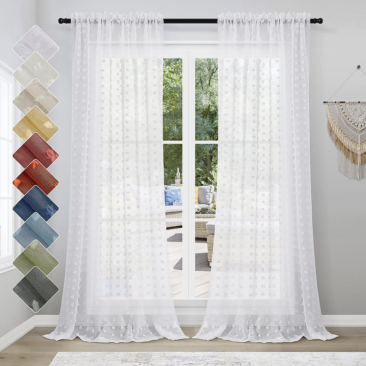 Guken Sheer Curtains 96 Inch Length 2 Panels Sets for Living Room Bedroom 52 Inch Width Farmhouse Boho Drapes Light Filtering Pom Pom Curtains Tufted Semi Sheer Kids Rod Pocket,White,W52xL96