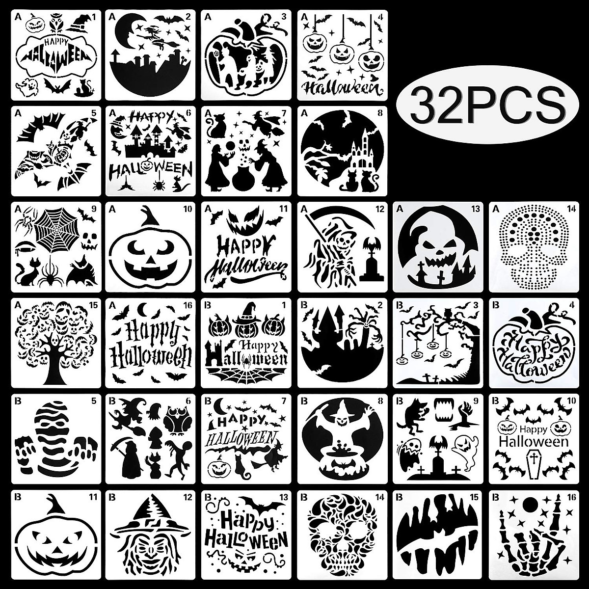 FEBSNOW 32 Pcs Halloween Painting Stencils Reusable Halloween Template Pumpkin Witch Skeleton Skull Vampire for DIY Craft Drawing Painting Spraying Window Glass Wood Airbrush Walls Art