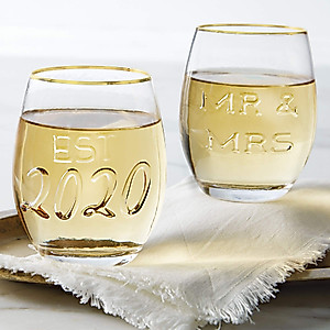 Mud Pie MR. & MRS. EMBOSSED WINE GLASS SET, Est 2020, 16 oz