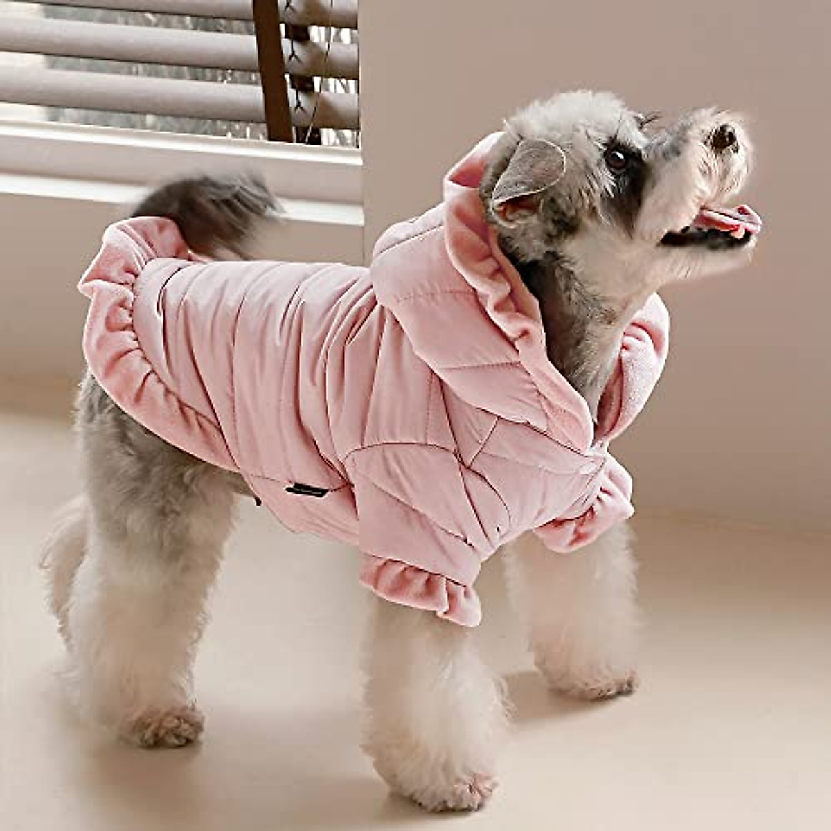 Fitwarm Ruffle Quilted Dog Coat, Pet Puffer Jacket with Hood, Dog Winter Clothes for Small Dogs Girl, Cat Hooded Outfit, Pink, Small