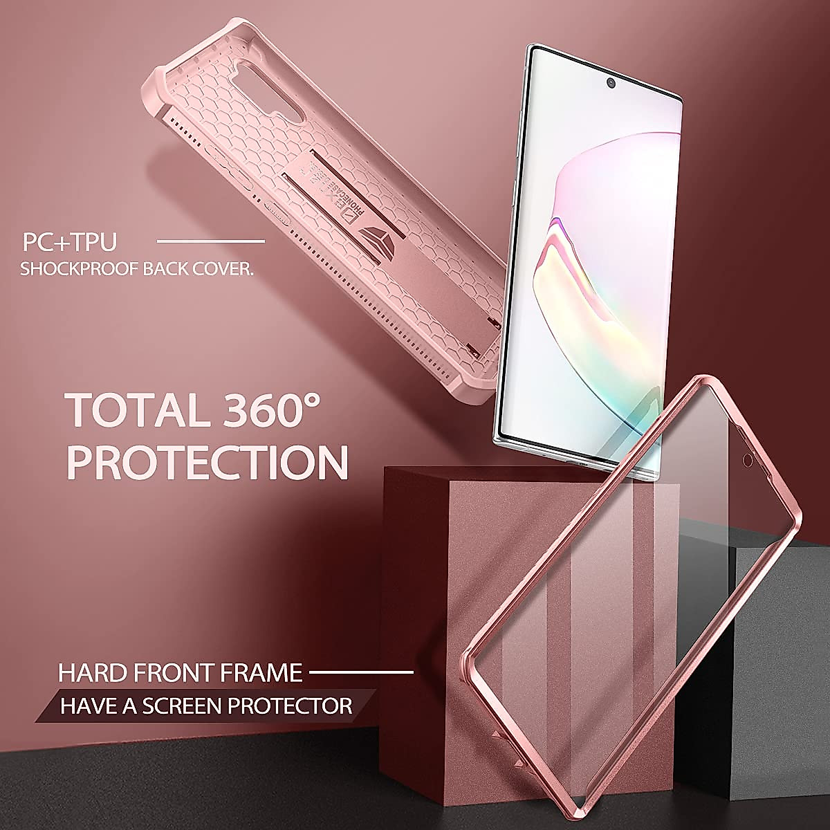 Dexnor for Samsung Galaxy Note 10+ Plus Case, [Built in Screen Protector and Kickstand] Heavy Military Grade Protection Shockproof Protective Cover for Samsung Galaxy Note 10 Plus Rose Gold