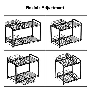 Expandable Under Sink Organizers and Storage, 2-Tier Cabinet Organizer Shelf with 2 Slide-out Baskets, Adjustable Large Under Sink Storage Racks for Bathroom Kitchen,Black