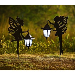 CHUANGFENG Metal Fairy Stake Solar Light Outdoor Decoration Garden Solar Fairy Stake Statues Decor with Solar Lanterns for Lawn Patio or Courtyard Decor 2 pcs