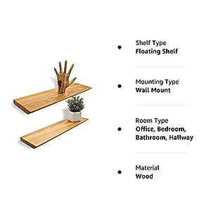 Wood Floating Shelves, 100% Ash Wood, Set of 2-Rustic Shelf 24" Wide Wooden Wall Shelves, Made in Europe, for Living Room Bedroom Kitchen Bathroom Farmhouse, Natural Color, 24 x 6.5 Live Edge