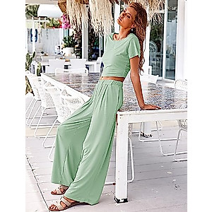 Ekouaer Lounge Sets Womens Pajama Set Short Sleeve Crop Top Loose Wide Leg Pants Casual Loungewear Set,Light Green,L