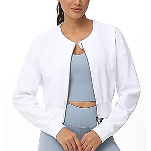 THE GYM PEOPLE Women's Cropped Jackets Full Zip Long Sleeve Ribbed Workout Sweatshirts Lightweight Casual Tops White
