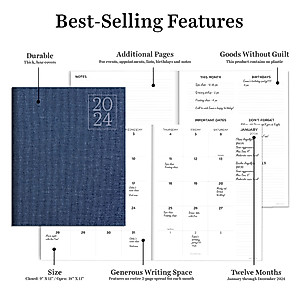 TF PUBLISHING 2024 Denim Large Monthly Planner | 2 Page Spreads with Large Calendar Grid and Inspirational Planning Prompts | 12 Month Calendar for School and Work | 9"x11"