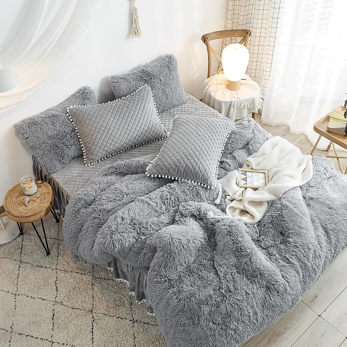 HAIHUA Luxury Plush Shaggy Flannel Velvet (1 Faux Fur Duvet Cover) Fluffy Comforter Bedding Sets 1 Pieces,Zipper Closure (Gray, Queen)