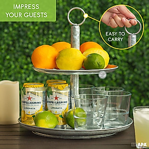 Ilyapa Galvanized Two Tier Tray - 2 Tiered Tray Stand, Metal Serving Stand Platter for Cake, Cupcake, Dessert, Appetizers & More