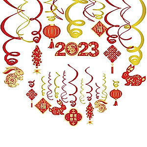 Chinese New Year Decoration Hanging Swirls, 30Pack 2023 Year of rabbit Ornaments Chinese Fu Character Décor Chinese Spring Festival Party Supplies