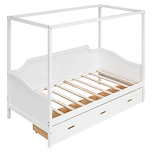 Bellemave Twin Canopy Beds Wood Daybed with Storage Drawer Modern 4-Poster Beds Twin Size for Kids Boys Girls Teens, White