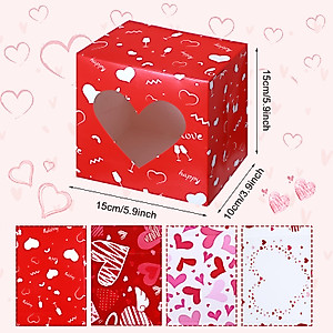 16 Pieces Valentines Day Treat Boxes with Windows Valentine's Day Strawberry Boxes Valentines Day Goodie Boxes with PVC Heart Window Pink Red Valentines Cupcake Boxes 6 x 6 x 4 Inch for Valentines