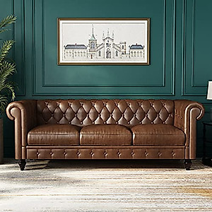 Kadway Brown Leather Sofa Couch, 89" Chesterfield Button-Tufted Couch for 3-4 Persons, Upholstered 3 Seater Couches, Large Sectional Sofa Couch, Deep Seat Sofa for Living Room Apartment Home Office