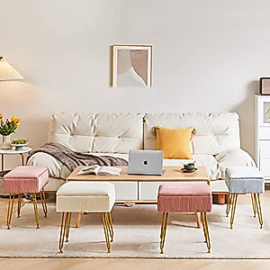 YMYNY Vanity Stool Chair with Storage, Square Velvet Ottoman Foot Stool, Modern Multifunctional Makeup Stool for Bedroom, Living Room, Office, Gold Legs, 18.9 * 15.75 * 11.6", Pink, UHBD024P