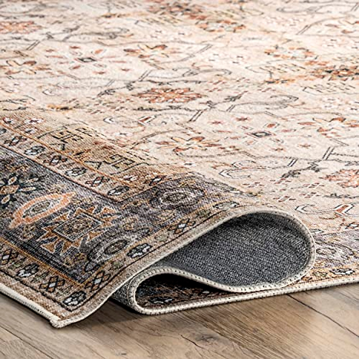 nuLOOM Annelle Floral Border Machine Washable Ultra Thin Area Rug, 5' x 8', Beige