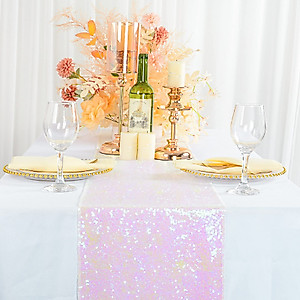 ShinyBeauty Sequin Table Runner 108 Inches Long Pack of 5 Iridescent Sequin Table Runner Christmas Decor Glitter Runner Tablecloth Hemstitch Table Runners for Baby Shower(12x108 x5pcs)