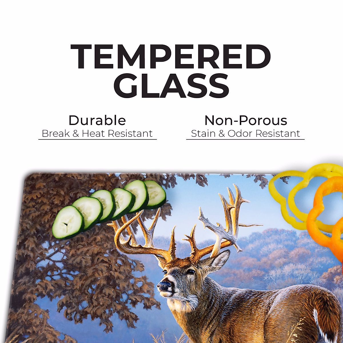 Rivers Edge Products Large 12in x 16in Decorative Tempered Glass Cutting Board, Hypoallergenic, Non Slip, Textured Surface Chopping Board for Kitchen, White Tail Deer, Deer