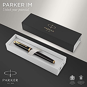 PARKER IM Rollerball Pen, Black Lacquer Gold Trim with Fine Point Black Ink Refill, Gift Box (1931659), Black and Gold