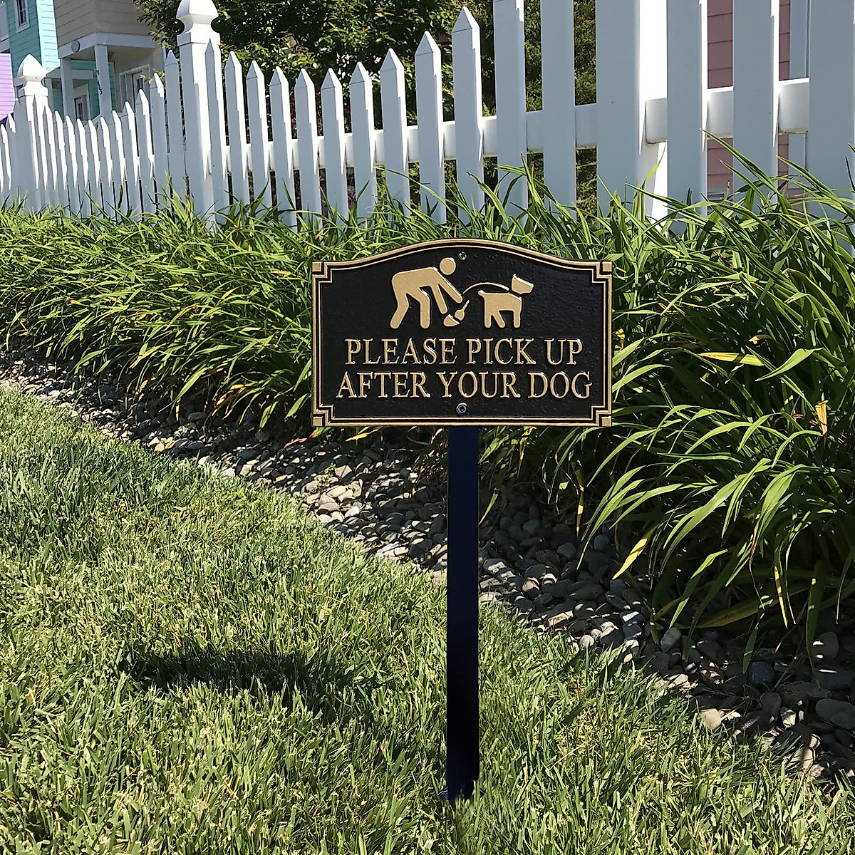 SmartSign Please Pick Up After Your Dog Sign for Yard | 5.75" x 9.5" Aluminum GardenBoss Statement Plaque with 18" Black Lawn Stake, Premium/Designer, Made in USA