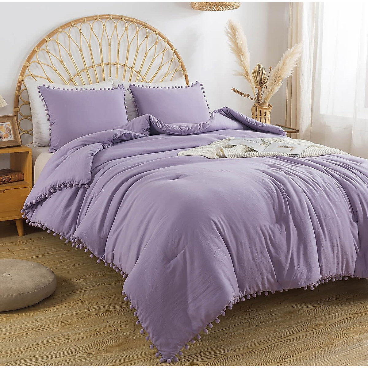 TanNicoor Pom Fringe Duvet Cover Set - 3 Piece Natural Ultra SOFE Color Washed Microfiber Bedding Set, Modern Style Down Comforter Quilt Cover with Zipper Closure(Queen, Lavender Purple)