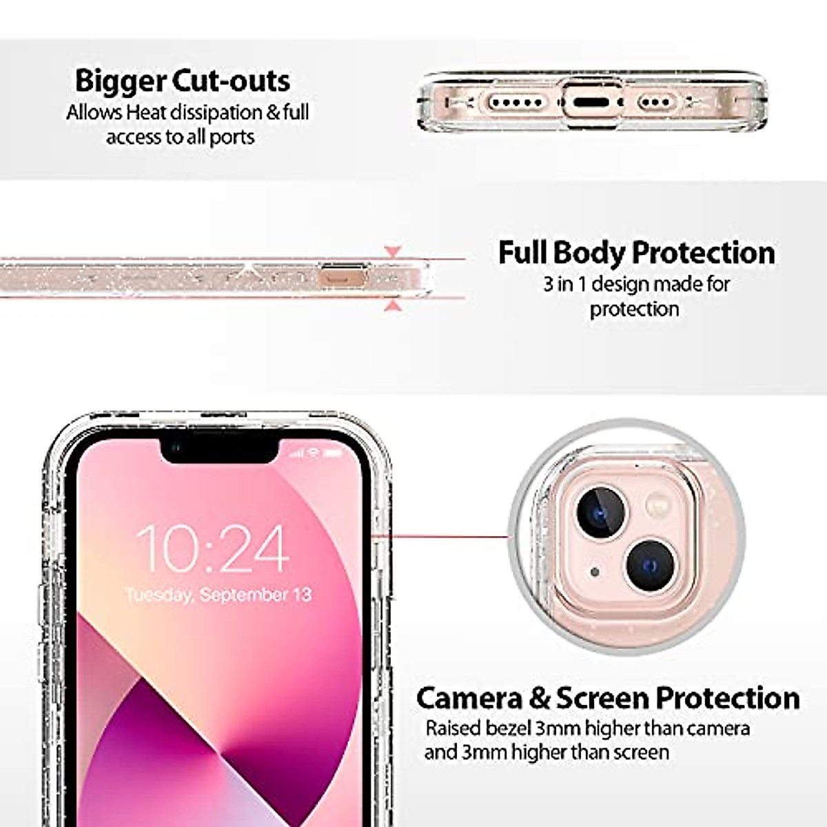 Coolwee Crystal Glitter Full Protective Case Compatible iPhone 13 Heavy Duty Hybrid 3 in 1 Rugged Shockproof Women Girls Transparent Compatible with Apple iPhone 13 6.1 inch Shiny Clear Bling Sparkle