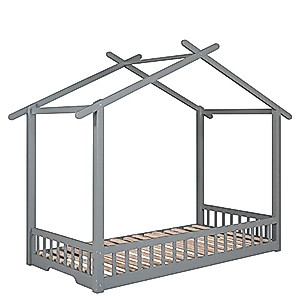 MERITLINE Twin Size House Bed with Extendable Bed, Wooden Kids Bed Frame with Twin to King Design, Platform Bed with Roof & Slat Support, No Box Spring Needed (Grey)